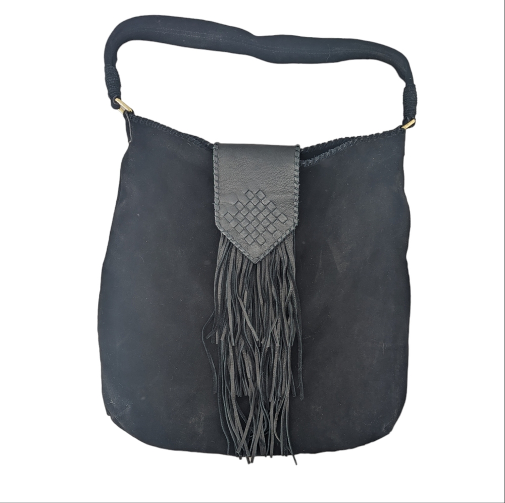 Margot Leather Hobo Tote Bag Black Fringe - Gem
